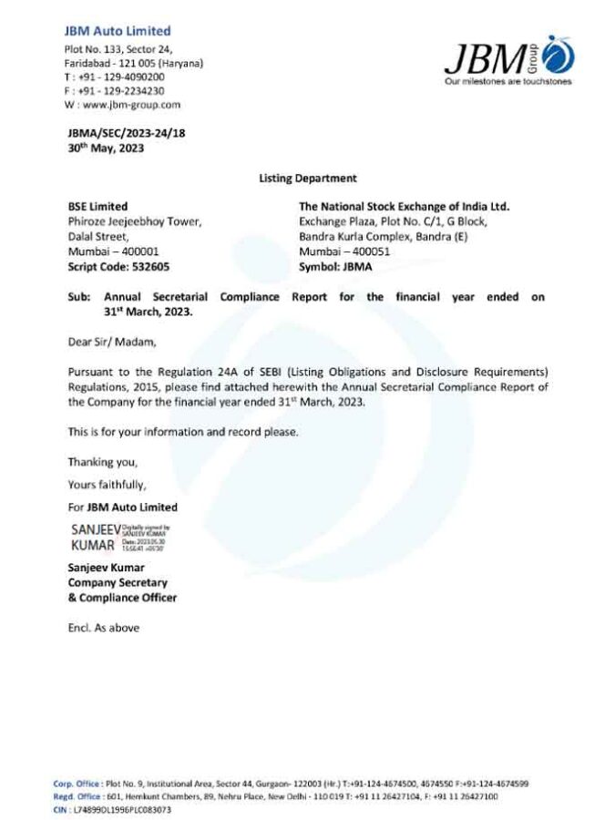 JBMA Annual Secretarial Compliance Report for the Financial Year Ended on 31st March, 2023 - JBM ...