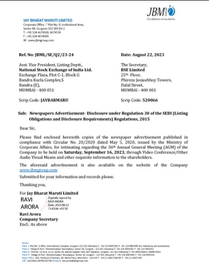 JBML Newspaper Advertisement Pre AGM Notice 2023 - JBM Group