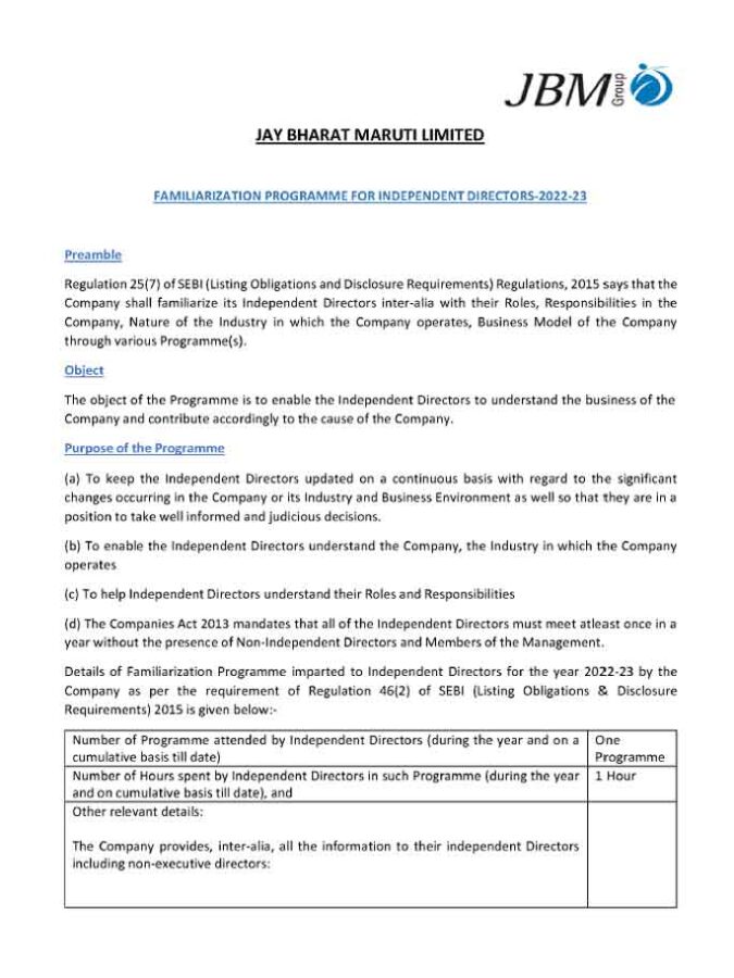 JBML Familiarization Programme 2022-2023 - JBM Group