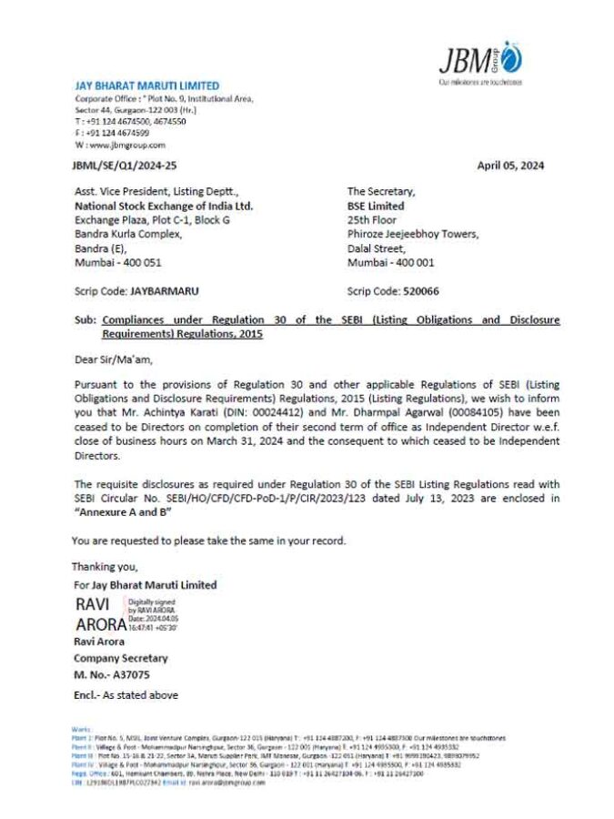 JBML Intimation - Completion of Tenure of Independent Directors - JBM Group