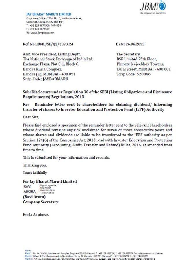 JBML Letter to Shareholders w.r.t Transfer of Shares to IEPF in 2015-16 - JBM Group