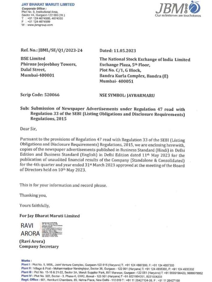 JBML Newspaper Publication for Financials March 2023 - JBM Group