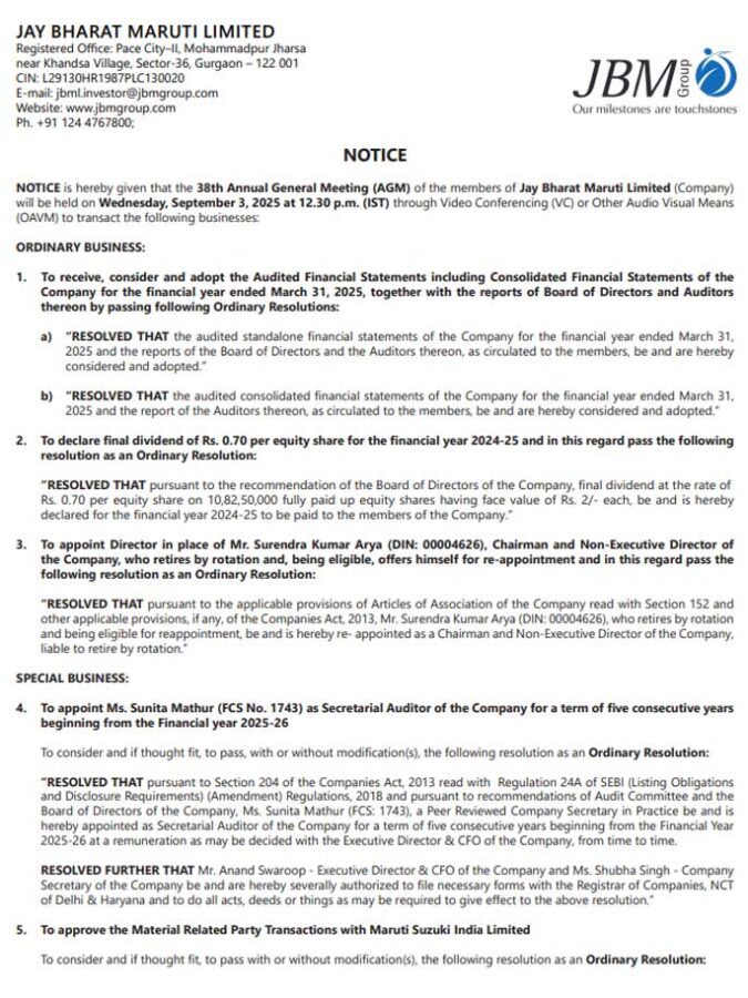 JBML Notice of 38th AGM 2025 - JBM Group