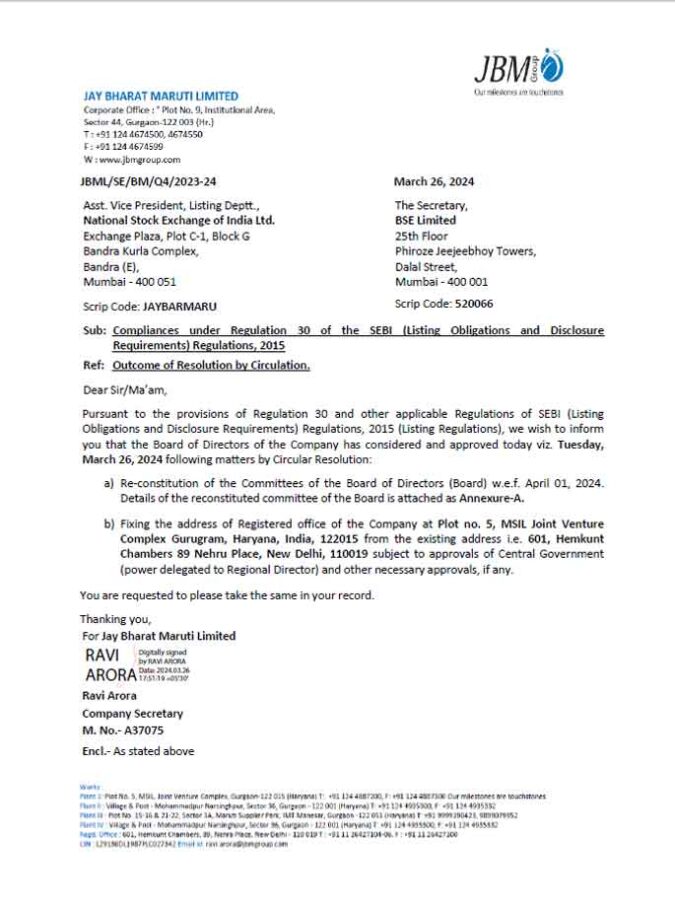 JBML Intimation of Change in Registered Office and Re Constitution of ...