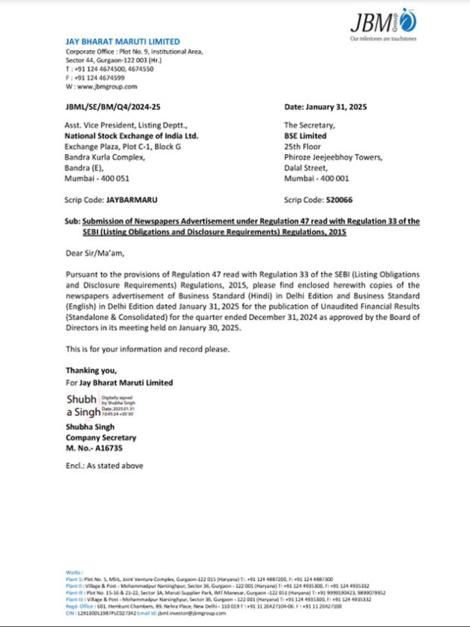 JBML Newspaper Advertisement Financial Results 31st December 2024 - JBM ...