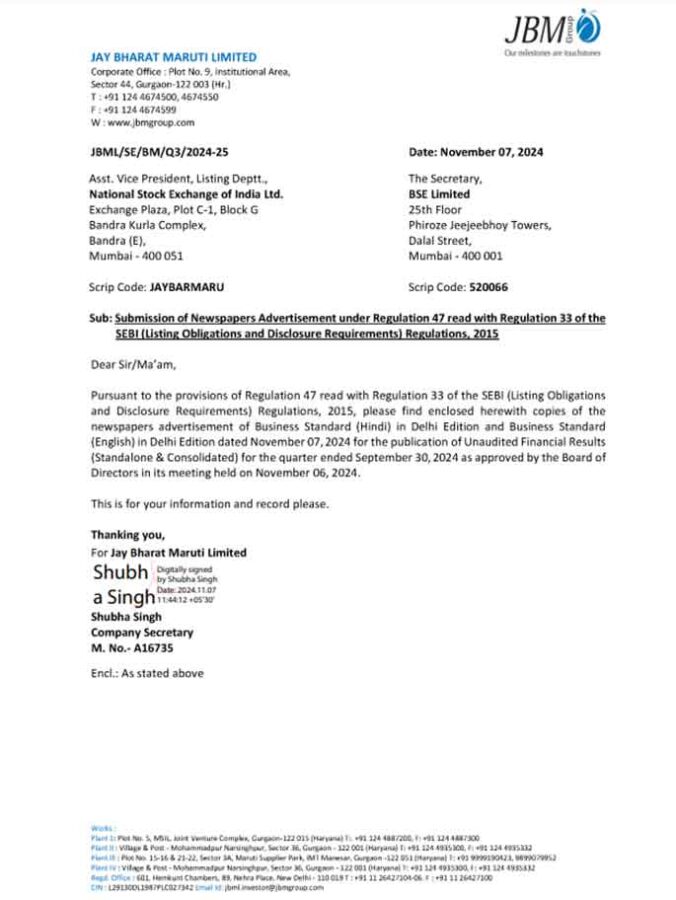 JBML Newspaper Advertisement Financial Results 30th September 2024 ...