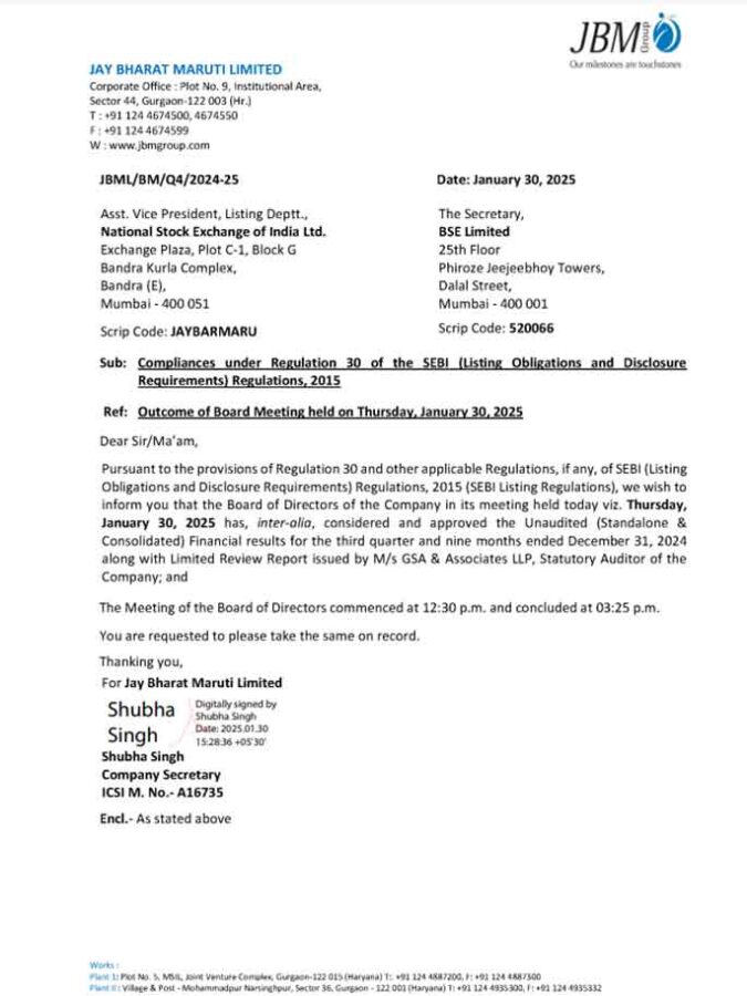 JBML Outcome of Board Meeting held on 30th January 2025 - JBM Group