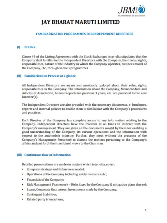 JBML Familiarization Programme For Independent Directors - JBM Group