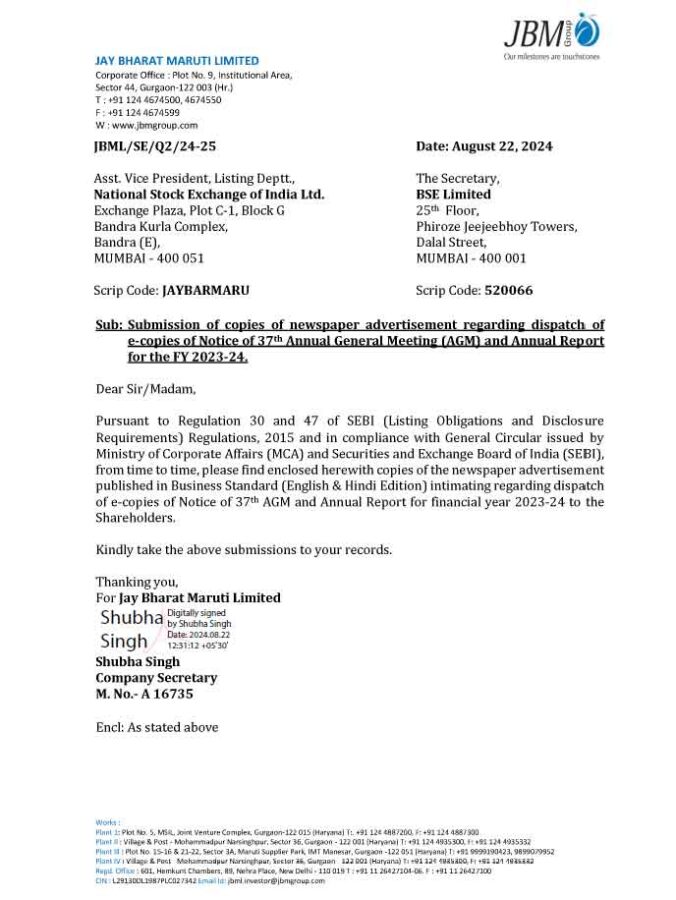 JBML Newspaper Advertisement Regarding Dispatch of AGM Notice for FY ...