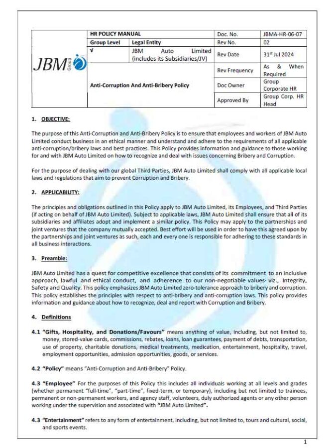 JBM Group Anti-Corruption & Anti Bribery Policy - JBM Group