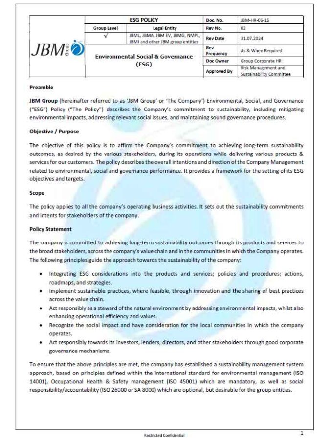 ESG Policy - JBM Group