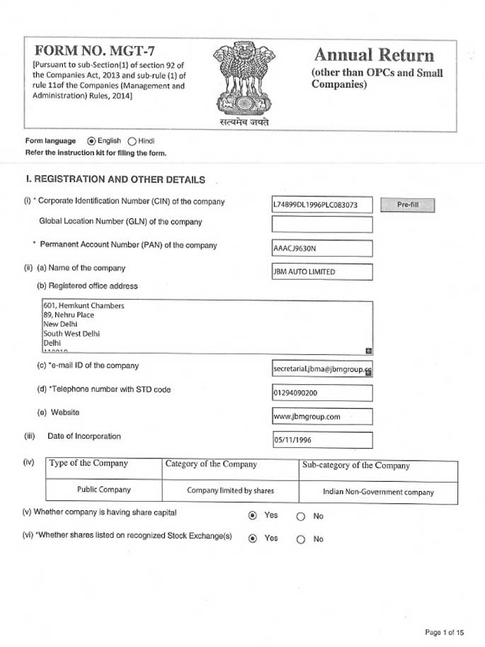 Annual Returns - JBM Auto Ltd. - JBM Group