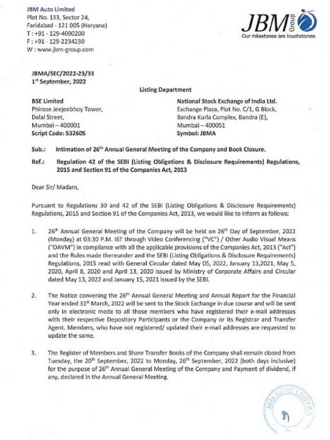 JBMA Book Closure Notice 1st September 2022 - JBM Group