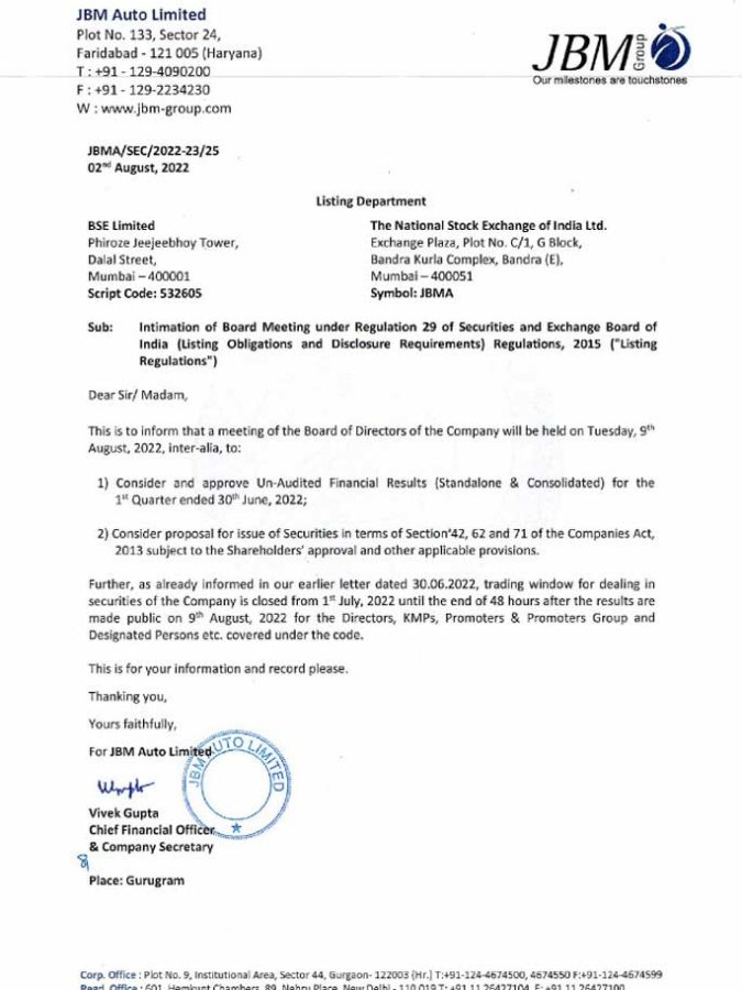 Jbma Board Meeting Notice 9th August 2022 Jbm Group